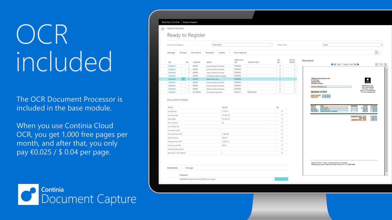 Continia Document Capture - OCR in Dynamics Business Central Continia Document Capture - OCR in Dynamics Business Central